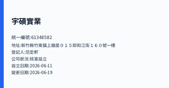 宇碩實業的照片-統編 61348582(新竹縣) 公司登記資料與營業項目詳細圖表