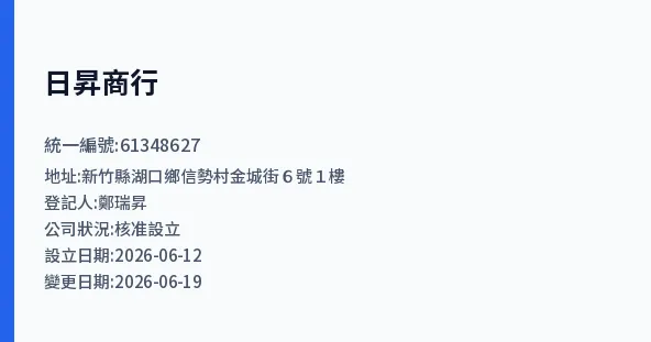 日昇商行的照片-統編 61348627(新竹縣) 公司登記資料與營業項目詳細圖表