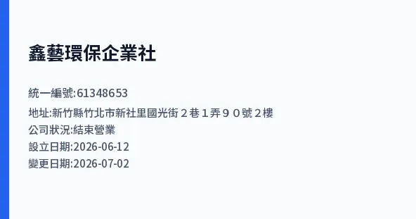 鑫藝環保企業社的照片-統編 61348653(新竹縣) 公司登記資料與營業項目詳細圖表