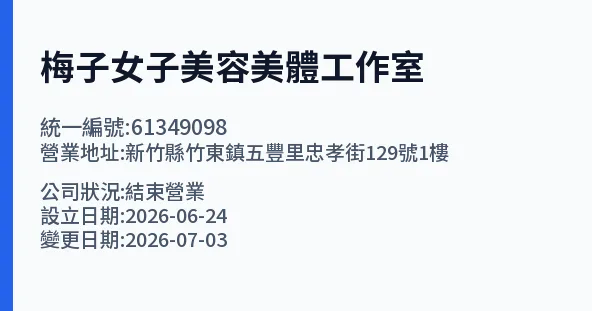梅子女子美容美體工作室的照片-統編 61349098(新竹縣) 公司登記資料與營業項目詳細圖表