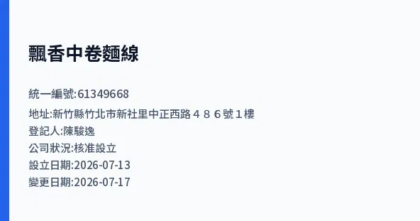 飄香中卷麵線的照片-統編 61349668(新竹縣) 公司登記資料與營業項目詳細圖表