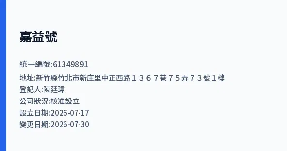 嘉益號的照片-統編 61349891(新竹縣) 公司登記資料與營業項目詳細圖表