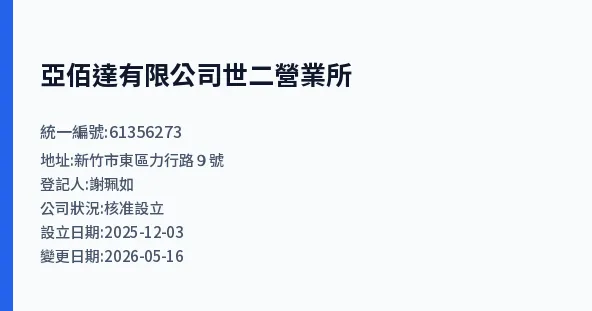 亞佰達有限公司世二營業所的照片-統編 61356273(新竹市) 公司登記資料與營業項目詳細圖表
