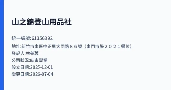 山之錦登山用品社的照片-統編 61356392(新竹市) 公司登記資料與營業項目詳細圖表