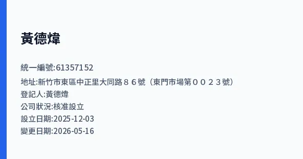 黃德煒的照片-統編 61357152(新竹市) 公司登記資料與營業項目詳細圖表