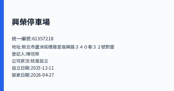 興榮停車場的照片-統編 61357218(新北市) 公司登記資料與營業項目詳細圖表