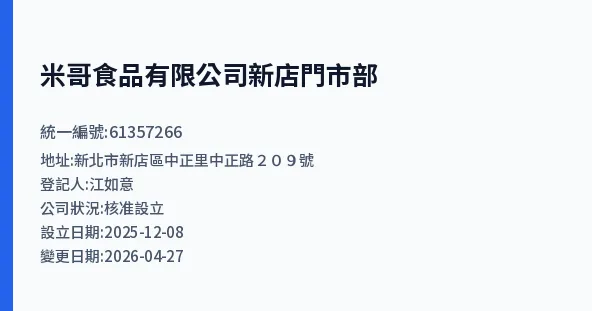 米哥食品有限公司新店門市部的照片-統編 61357266(新北市) 公司登記資料與營業項目詳細圖表