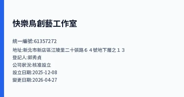 快樂鳥創藝工作室的照片-統編 61357272(新北市) 公司登記資料與營業項目詳細圖表