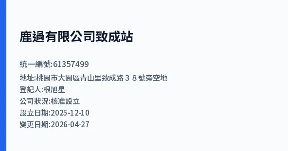 鹿過有限公司致成站的照片-統編 61357499(桃園市) 公司登記資料與營業項目詳細圖表