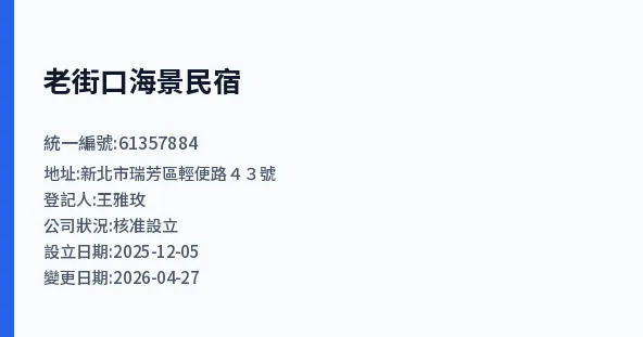 老街口海景民宿的照片-統編 61357884(新北市) 公司登記資料與營業項目詳細圖表