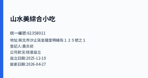 山水美綜合小吃的照片-統編 61358011(新北市) 公司登記資料與營業項目詳細圖表