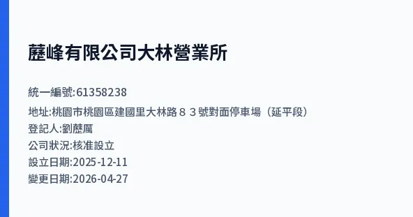 藶峰有限公司大林營業所的照片-統編 61358238(桃園市) 公司登記資料與營業項目詳細圖表