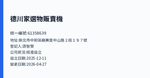 德川家選物販賣機的照片-統編 61358639(新北市) 公司登記資料與營業項目詳細圖表