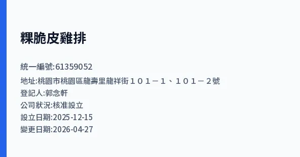 粿脆皮雞排的照片-統編 61359052(桃園市) 公司登記資料與營業項目詳細圖表
