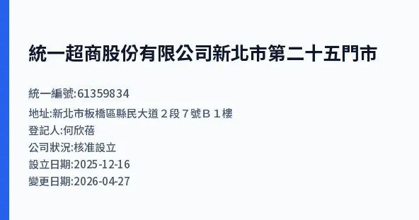 統一超商股份有限公司新北市第二十五門市的照片-統編 61359834(新北市) 公司登記資料與營業項目詳細圖表