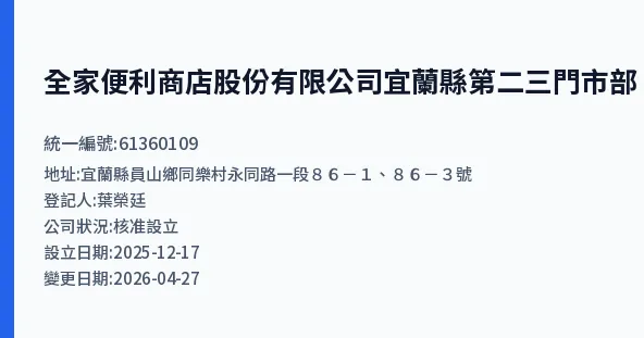 全家便利商店股份有限公司宜蘭縣第二三門市部的照片-統編 61360109(宜蘭縣) 公司登記資料與營業項目詳細圖表