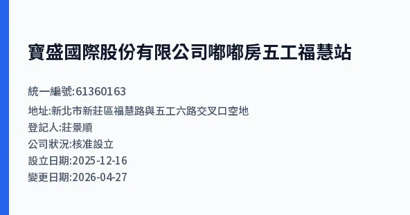 寶盛國際股份有限公司嘟嘟房五工福慧站的照片-統編 61360163(新北市) 公司登記資料與營業項目詳細圖表