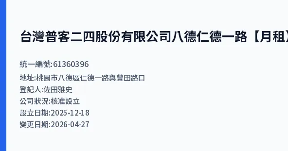台灣普客二四股份有限公司八德仁德一路【月租】停車場的照片-統編 61360396(桃園市) 公司登記資料與營業項目詳細圖表