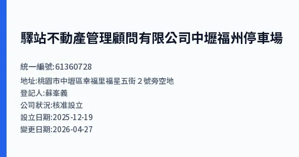 驛站不動產管理顧問有限公司中壢福州停車場的照片-統編 61360728(桃園市) 公司登記資料與營業項目詳細圖表
