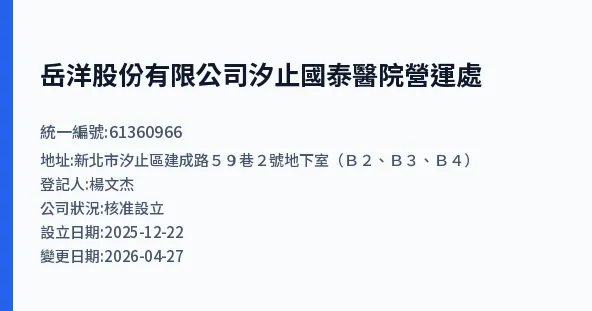 岳洋股份有限公司汐止國泰醫院營運處的照片-統編 61360966(新北市) 公司登記資料與營業項目詳細圖表