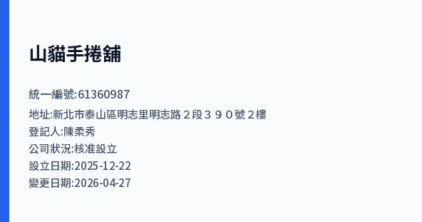 山貓手捲舖的照片-統編 61360987(新北市) 公司登記資料與營業項目詳細圖表