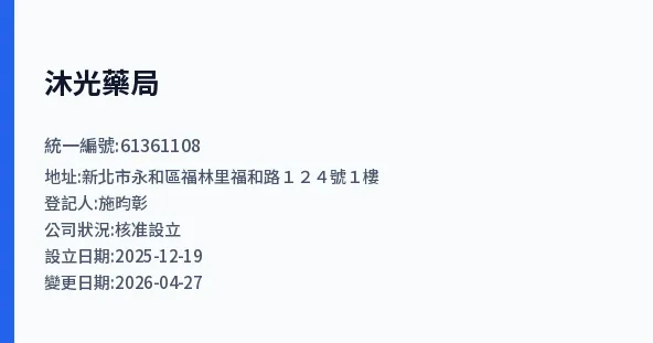 沐光藥局的照片-統編 61361108(新北市) 公司登記資料與營業項目詳細圖表