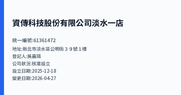 資傳科技股份有限公司淡水一店的照片-統編 61361472(新北市) 公司登記資料與營業項目詳細圖表