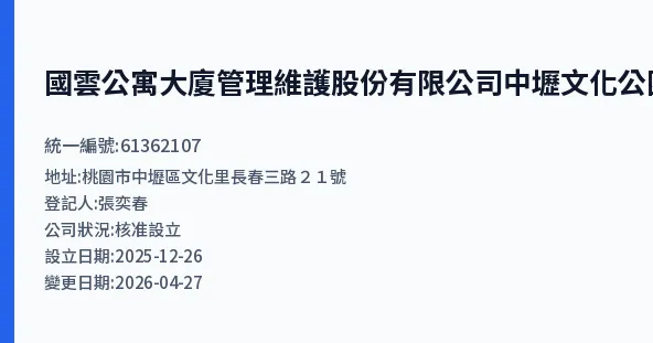 國雲公寓大廈管理維護股份有限公司中壢文化公園場的照片-統編 61362107(桃園市) 公司登記資料與營業項目詳細圖表