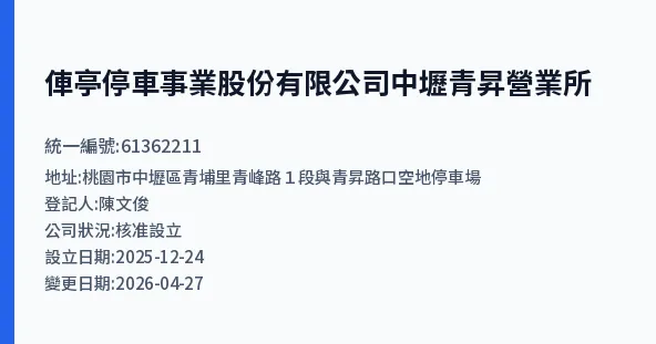 俥亭停車事業股份有限公司中壢青昇營業所的照片-統編 61362211(桃園市) 公司登記資料與營業項目詳細圖表