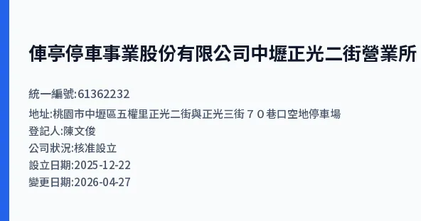 俥亭停車事業股份有限公司中壢正光二街營業所的照片-統編 61362232(桃園市) 公司登記資料與營業項目詳細圖表