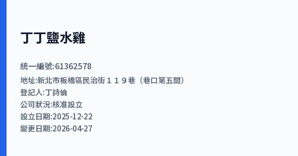 丁丁鹽水雞的照片-統編 61362578(新北市) 公司登記資料與營業項目詳細圖表