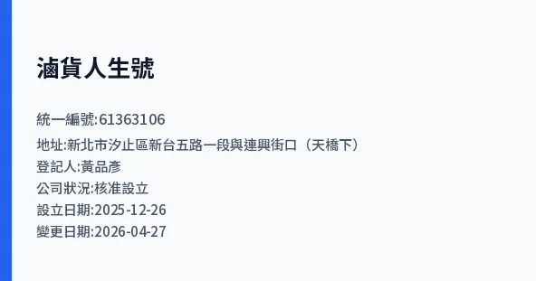 滷貨人生號的照片-統編 61363106(新北市) 公司登記資料與營業項目詳細圖表
