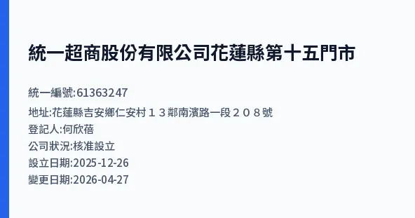 統一超商股份有限公司花蓮縣第十五門市的照片-統編 61363247(花蓮縣) 公司登記資料與營業項目詳細圖表