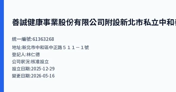 善誠健康事業股份有限公司附設新北市私立中和善誠社區長照機構的照片-統編 61363268(新北市) 公司登記資料與營業項目詳細圖表