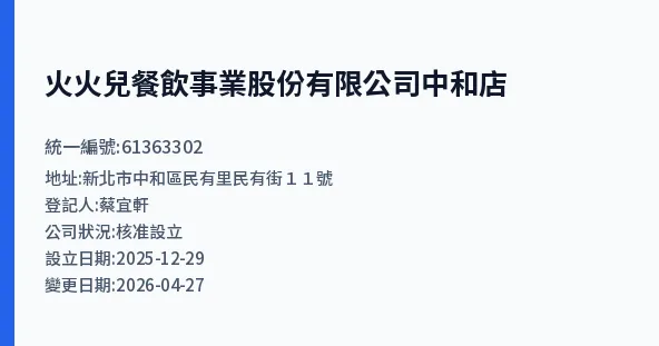 火火兒餐飲事業股份有限公司中和店的照片-統編 61363302(新北市) 公司登記資料與營業項目詳細圖表