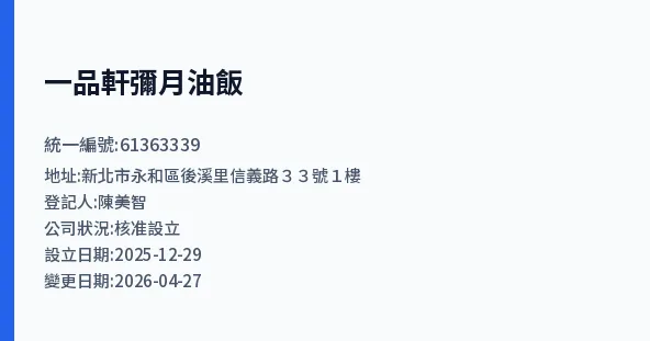 一品軒彌月油飯的照片-統編 61363339(新北市) 公司登記資料與營業項目詳細圖表
