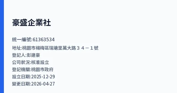 豪盛企業社的照片-統編 61363534(桃園市) 公司登記資料與營業項目詳細圖表