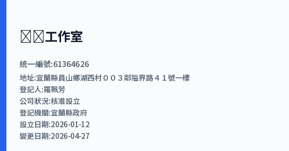 㛊㛊工作室的照片-統編 61364626(宜蘭縣) 公司登記資料與營業項目詳細圖表