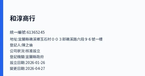 和淳商行的照片-統編 61365245(宜蘭縣) 公司登記資料與營業項目詳細圖表