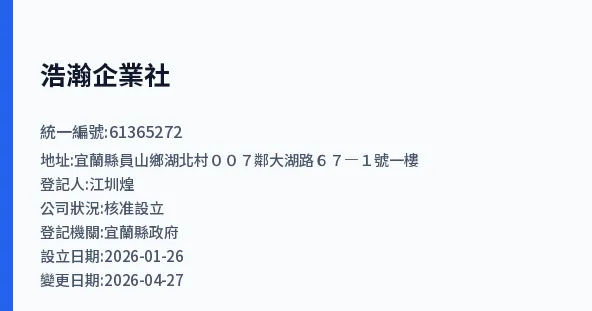 浩瀚企業社的照片-統編 61365272(宜蘭縣) 公司登記資料與營業項目詳細圖表