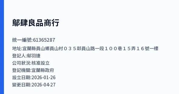 鄔肆良品商行的照片-統編 61365287(宜蘭縣) 公司登記資料與營業項目詳細圖表