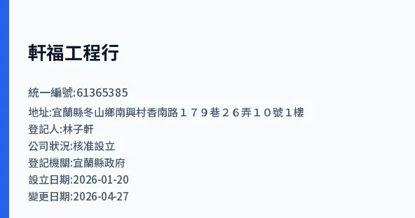 軒福工程行的照片-統編 61365385(宜蘭縣) 公司登記資料與營業項目詳細圖表