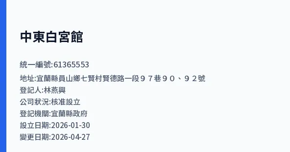 中東白宮館的照片-統編 61365553(宜蘭縣) 公司登記資料與營業項目詳細圖表