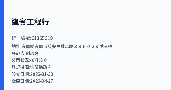 逢賓工程行的照片-統編 61365619(宜蘭縣) 公司登記資料與營業項目詳細圖表