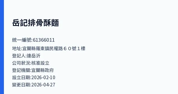 岳記排骨酥麵的照片-統編 61366011(宜蘭縣) 公司登記資料與營業項目詳細圖表