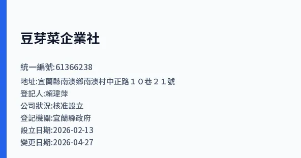 豆芽菜企業社的照片-統編 61366238(宜蘭縣) 公司登記資料與營業項目詳細圖表