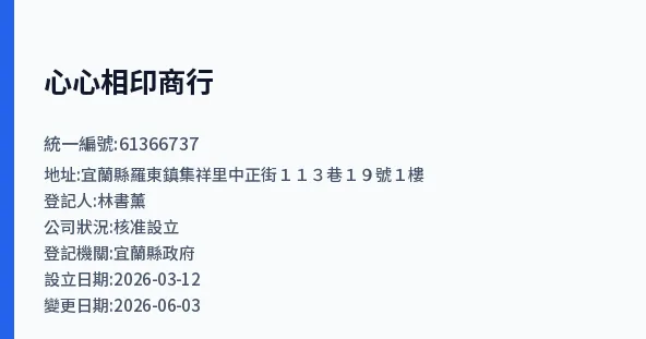 心心相印商行的照片-統編 61366737(宜蘭縣) 公司登記資料與營業項目詳細圖表