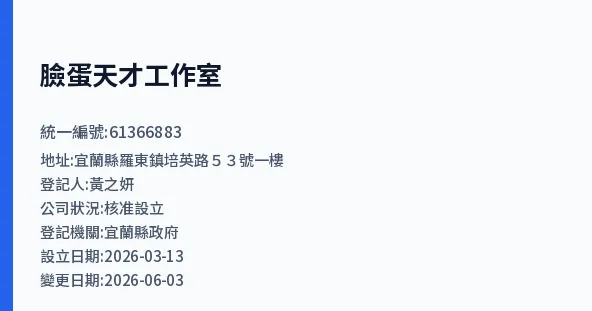 臉蛋天才工作室的照片-統編 61366883(宜蘭縣) 公司登記資料與營業項目詳細圖表