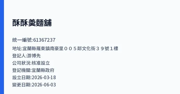 酥酥羮麵舖的照片-統編 61367237(宜蘭縣) 公司登記資料與營業項目詳細圖表