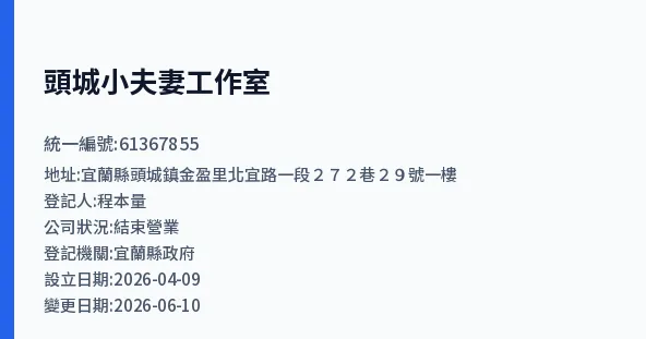 頭城小夫妻工作室的照片-統編 61367855 公司登記資料與營業項目詳細圖表